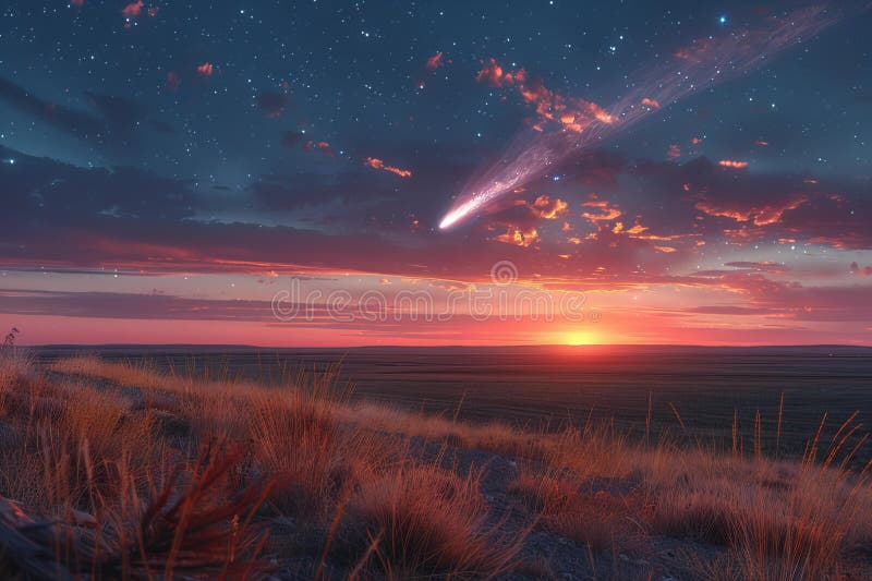 Illustration of Comet Over the Field at Sunset, Photo Realistic, High ...
