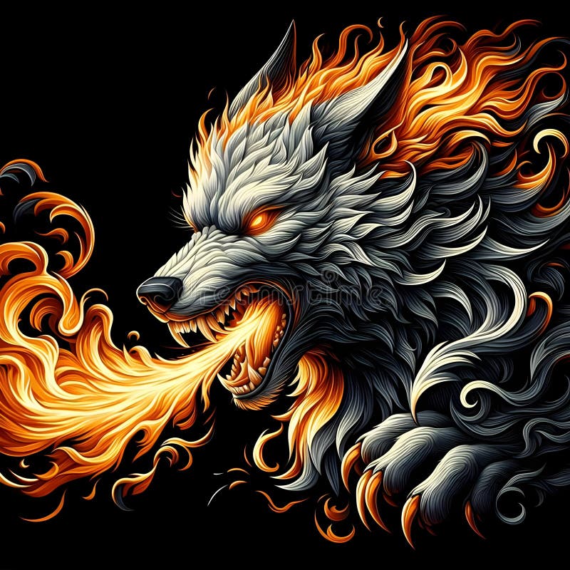 Illustration of Fire Blowing Wolf , Black Background 3D Stock ...