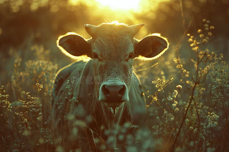 Illustration of Ox Standing Behind a Field and in Front of a Light ...