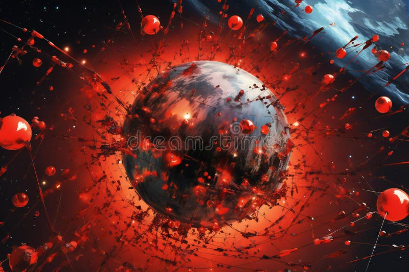 Illustration of Planet and Red Balls in Space, Abstract Background ...