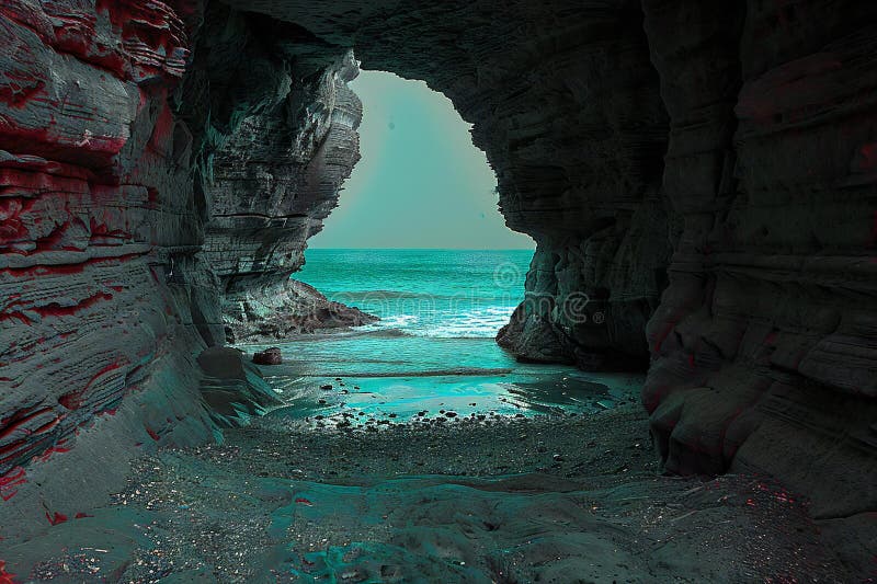 Illustration of the Image is of a Cave Looking Out To the Beach, High ...