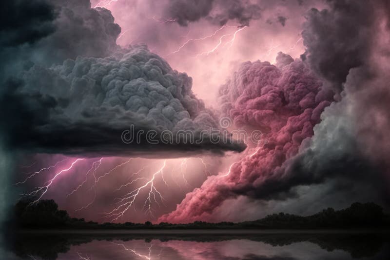 Image of Lightning and Stormy Grey and Pink Clouds, Abstract ...