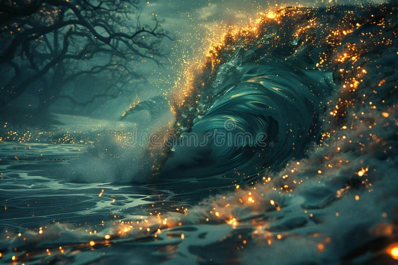 Illustration of Image of an Ocean Wave with Beautiful Lights, High ...