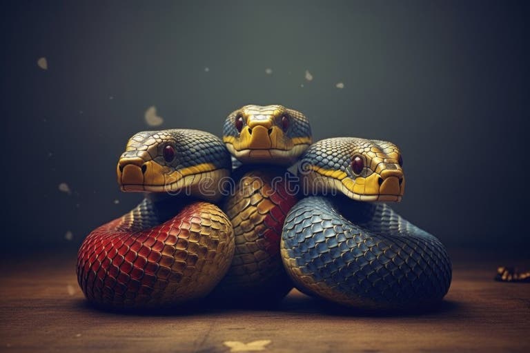 Illustration Image of Three Snake Heads and Multi-colored Snakes on a ...