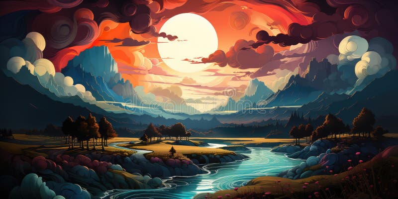 An imaginary scene at dawn stock illustration. Illustration of dawn ...