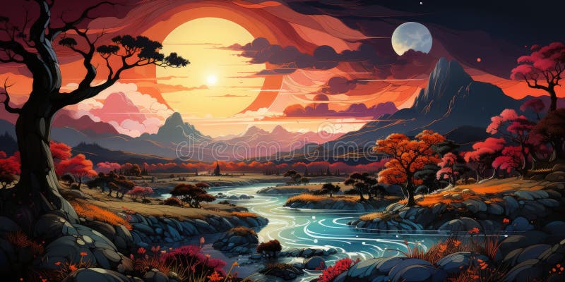 An imaginary scene at dawn stock illustration. Illustration of cloud ...