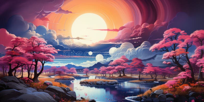 An imaginary scene at dawn stock illustration. Illustration of river ...