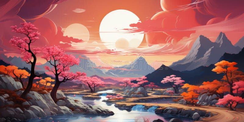 An imaginary scene at dawn stock illustration. Illustration of ocean ...