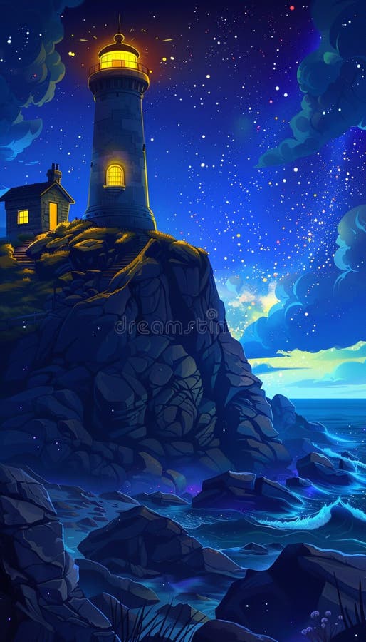 Illustration of an Imposing Nocturnal Landscape with a Lit Lighthouse ...