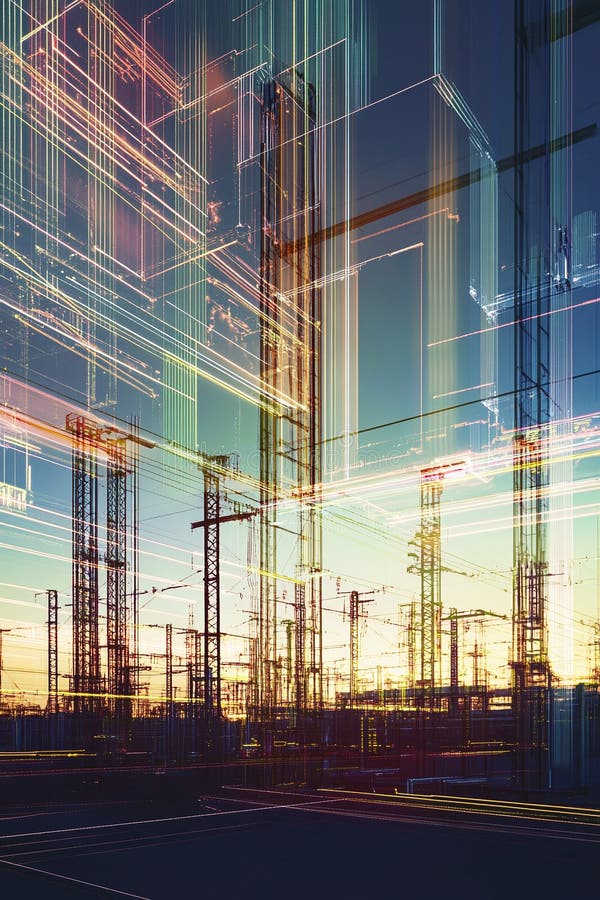 Illustration of an Industrial Area Powered by High-voltage Lines Shown ...