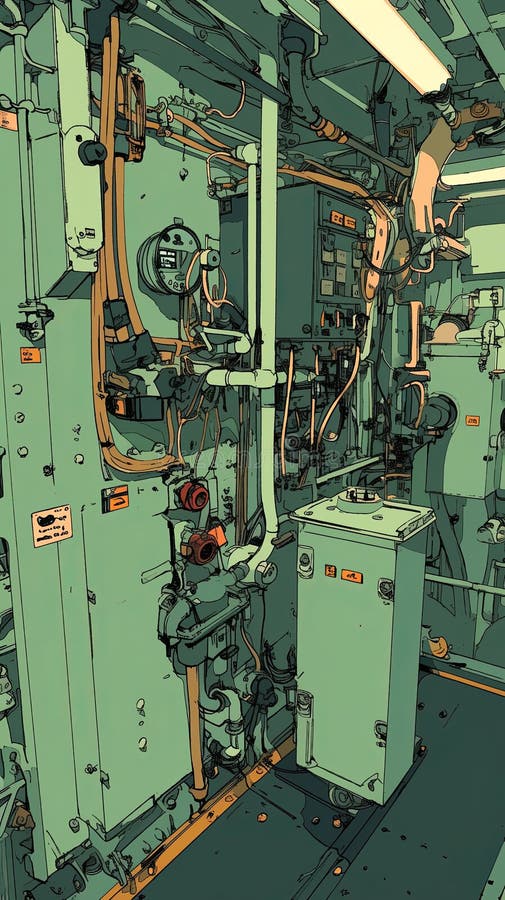 Detailed View of an Industrial Engine Room with Technical Components ...