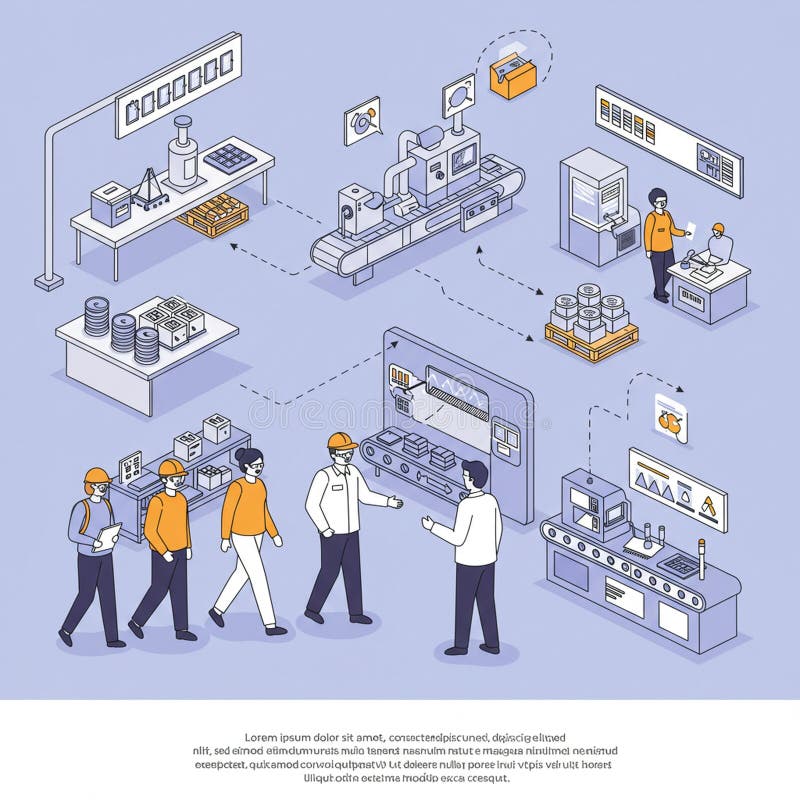 Illustration of an Industrial Manufacturing Process. Various Machines ...