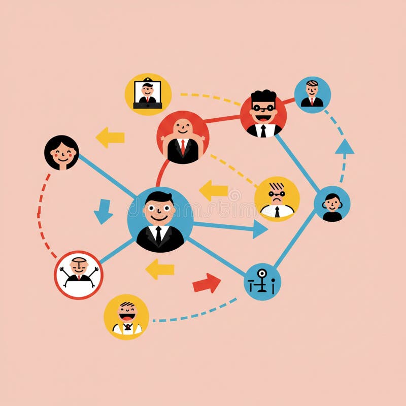 Illustration of Interconnected Cartoon Characters within Colored ...