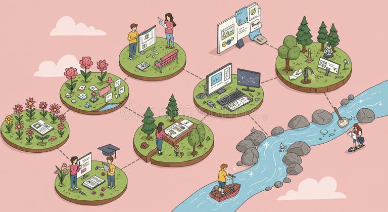 Illustration with Interconnected Circular Platforms Showing Various ...