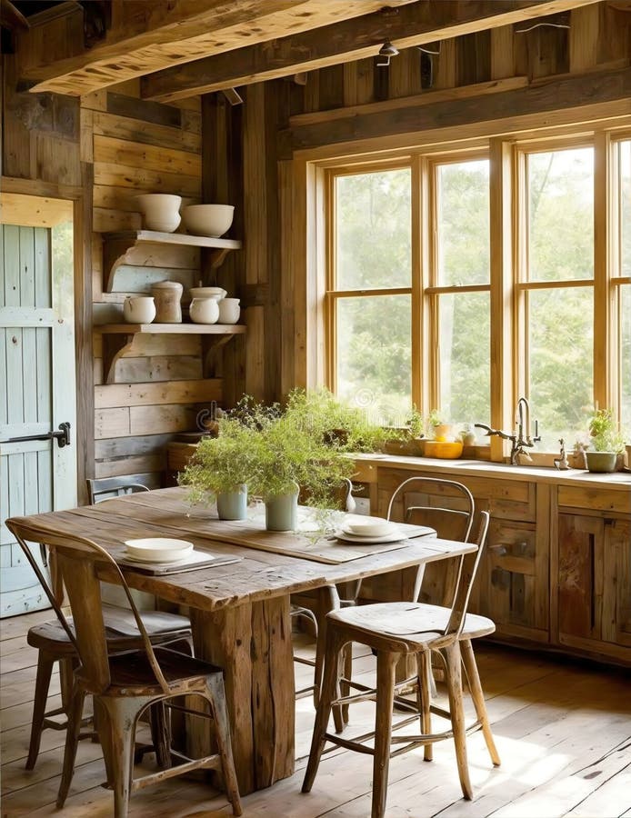 Illustration of the Interior of a Kitchen in a Rustic House, Natural ...