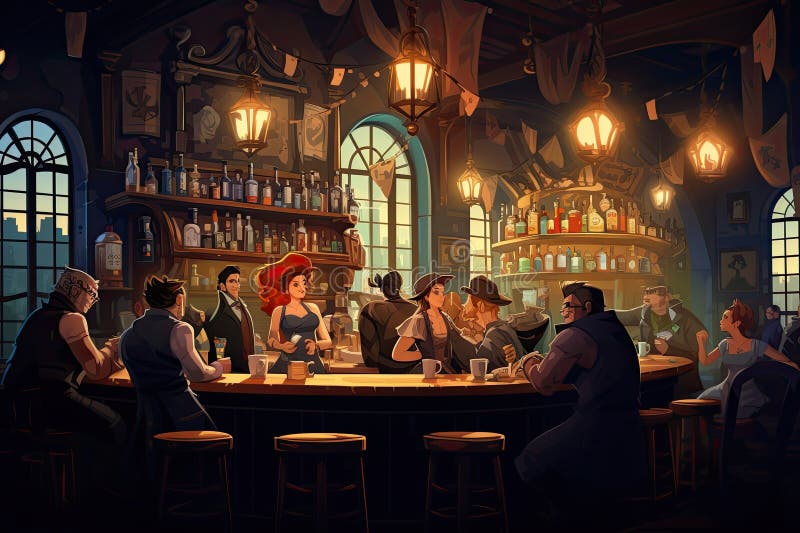 Illustration of the Interior of a Pub with People in the Evening ...