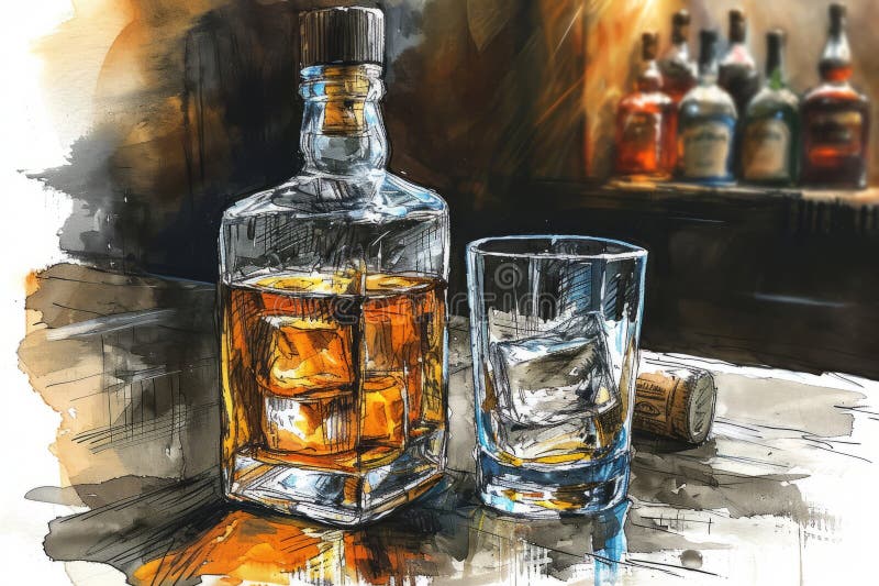 Illustration of Irish Whiskey Bottle and Glass. Irish Whiskey Bottle ...