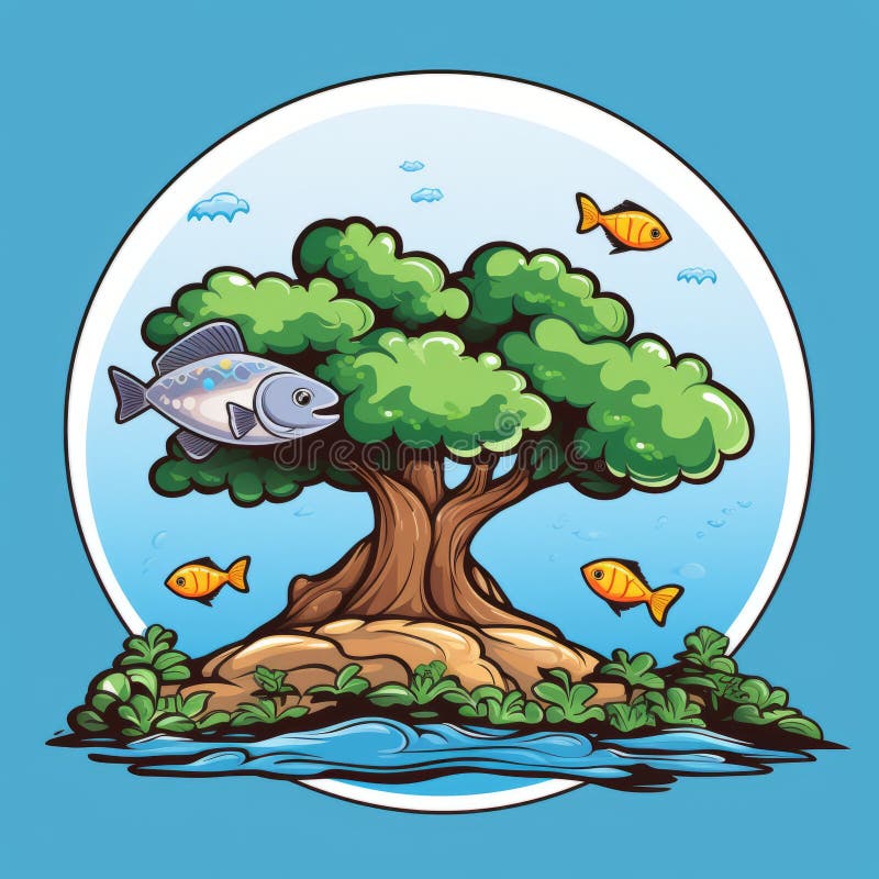 An Illustration of an Island with a Tree and Fish Stock Illustration ...