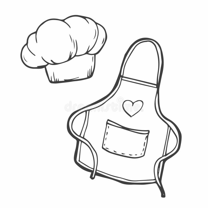 Illustration of Isolated Set of Kitchen Apron and Chef Hat. Doodle ...