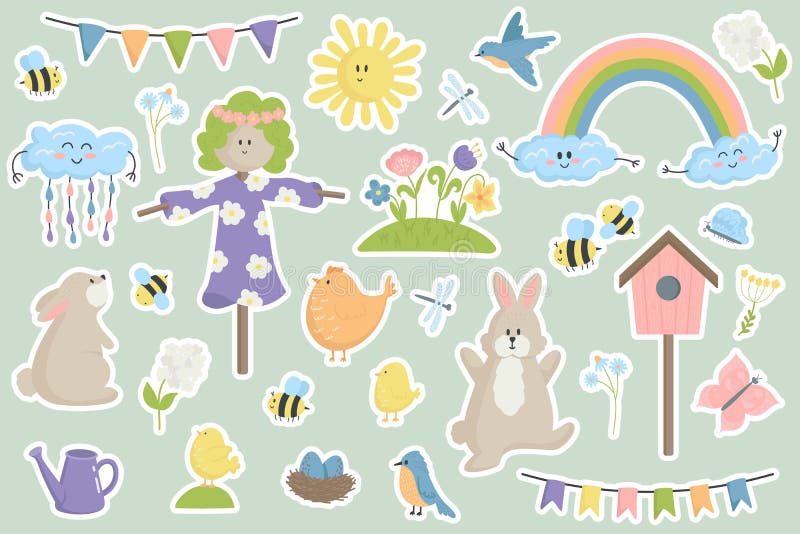 Illustration Isolated Set of Stickers with White Contour Spring ...