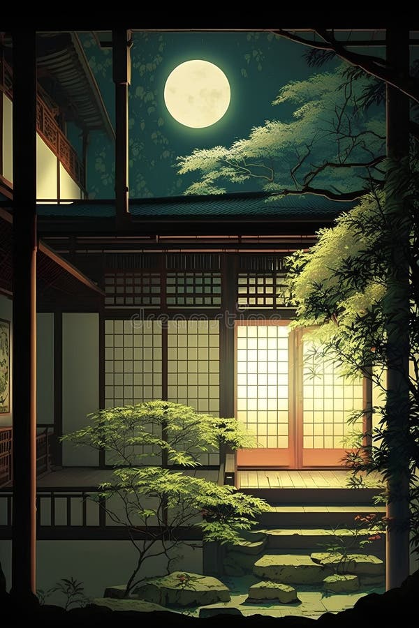 Illustration of Japanese House at Night in Full Moon Light Stock ...