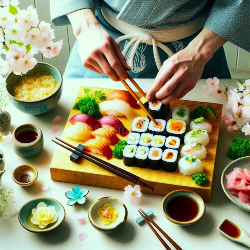 Japanese Master Making Sushi. Stock Illustration - Illustration of ...