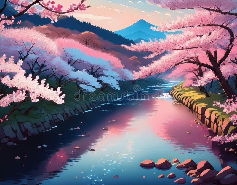 Illustration Japanese River with Sakura Cherry Blossoms Trees Stock ...