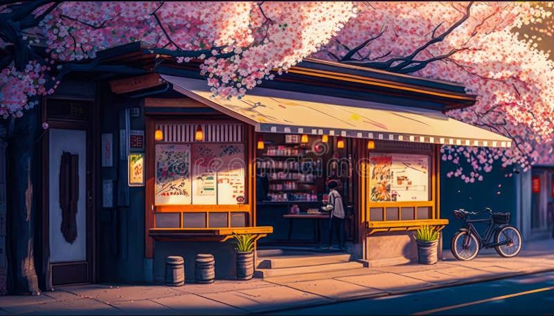 An Illustration of Japanese Store with Cherry Blossoms. Generative AI ...