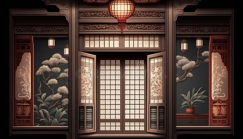 Illustration of a Japanese Style Wooden Window in a Japanese Style ...