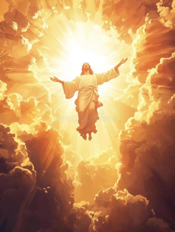 Illustration of Jesus Christ Ascending, Surrounded by Light and Clouds ...