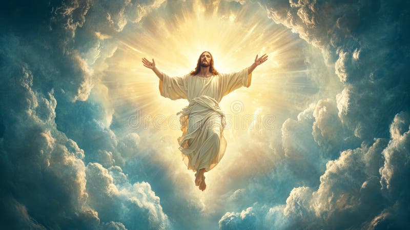 Illustration of Jesus Christ Ascending, Surrounded by Light and Clouds ...