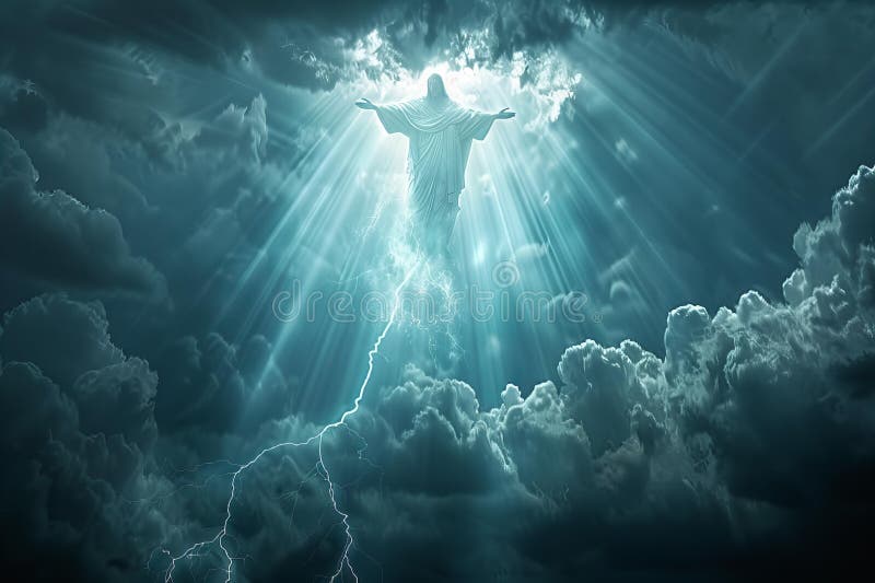 Jesus Christ Floating in the Sky, Rays of Light Shining Down on Him ...