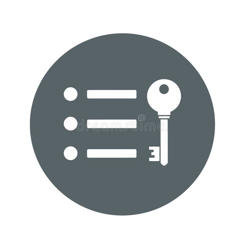 Illustration of a Key and List Icon, Representing Access and Information, it is White on a Gray ...