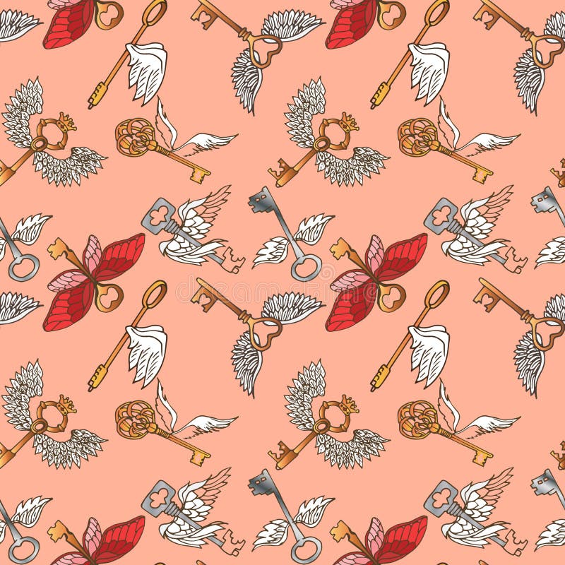 Illustration of the Key with Wings. Flying Keys. Seamless Pattern ...