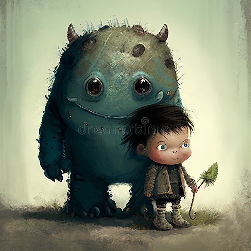 Illustration of a Kid with a Monster Stock Illustration - Illustration ...