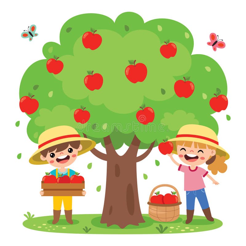 Illustration of Kids Picking Apples Stock Illustration - Illustration ...