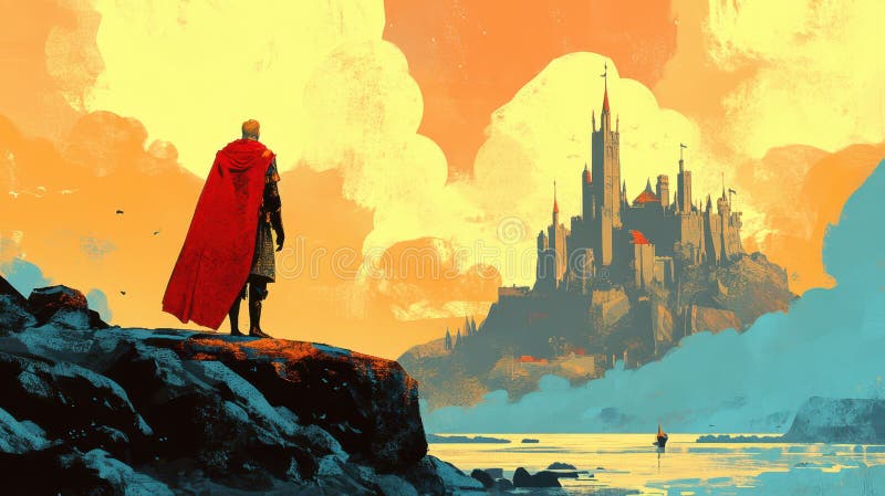 Illustration of a King Walking on the Shore with a Castle in the ...