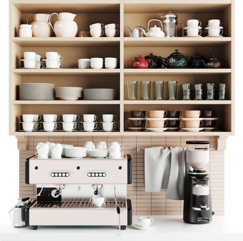 Illustration of a Kitchen Shelf with Cups and a Coffee Maker Isolated ...