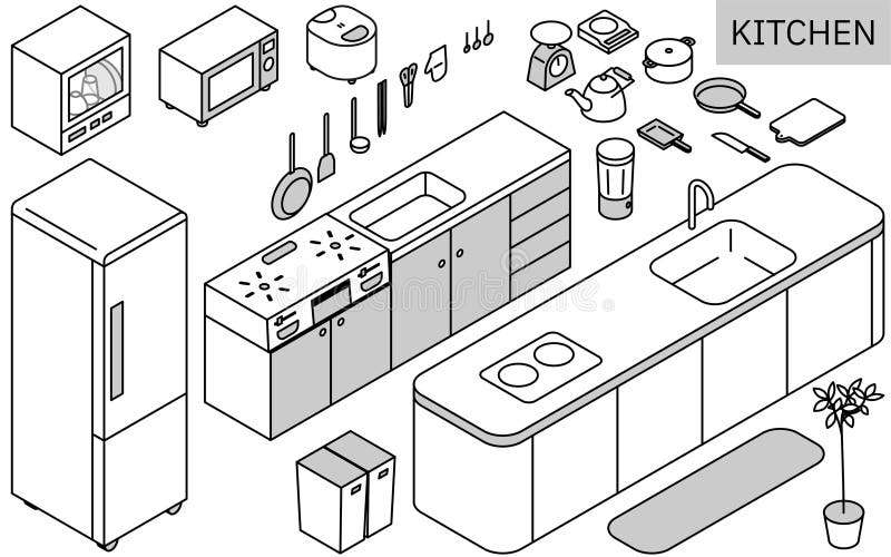 Illustration of Kitchen Utensils Needed for New Life, Simple Isometric ...