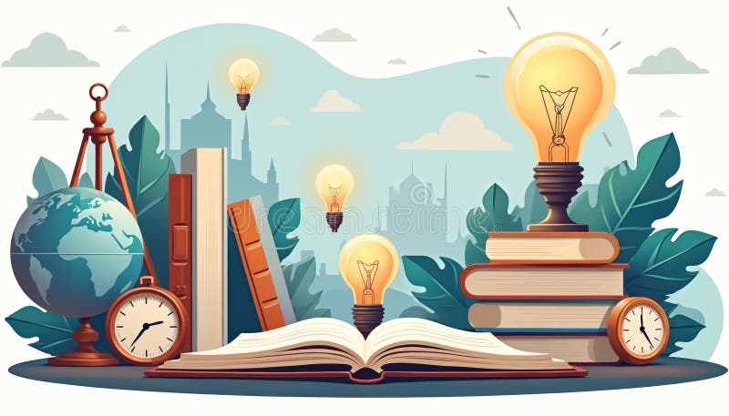 Illustration of Knowledge Exploration with Books, Globe, Compass, Light ...