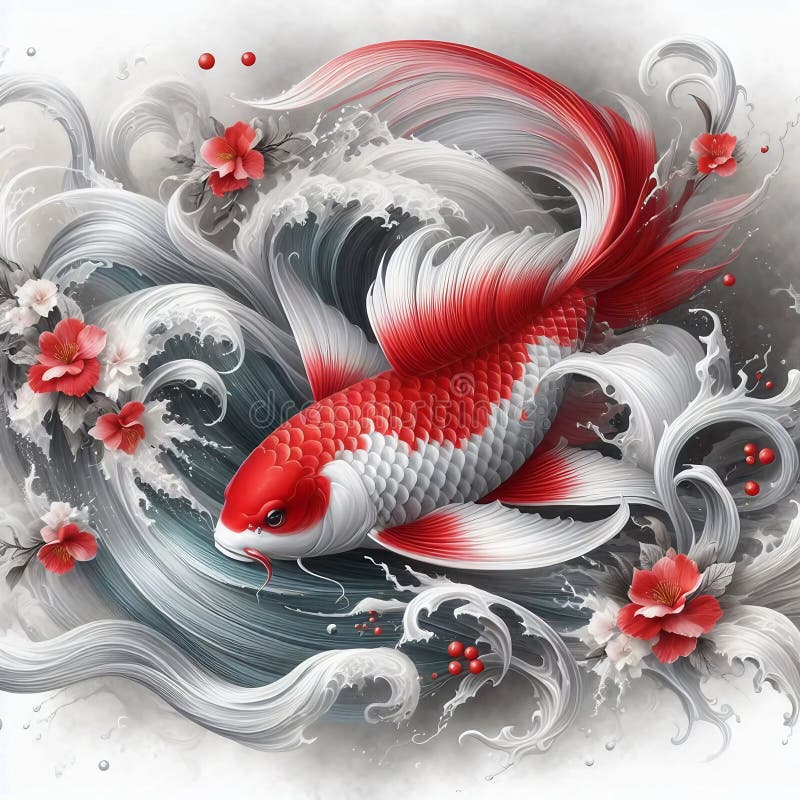 An Illustration of a Koi Fish with Flowing Tail Amidst Swirling Waves ...