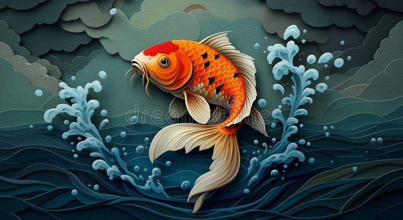 Illustration of a Koi Fish with an Oversized Tail Jumping Out of the ...