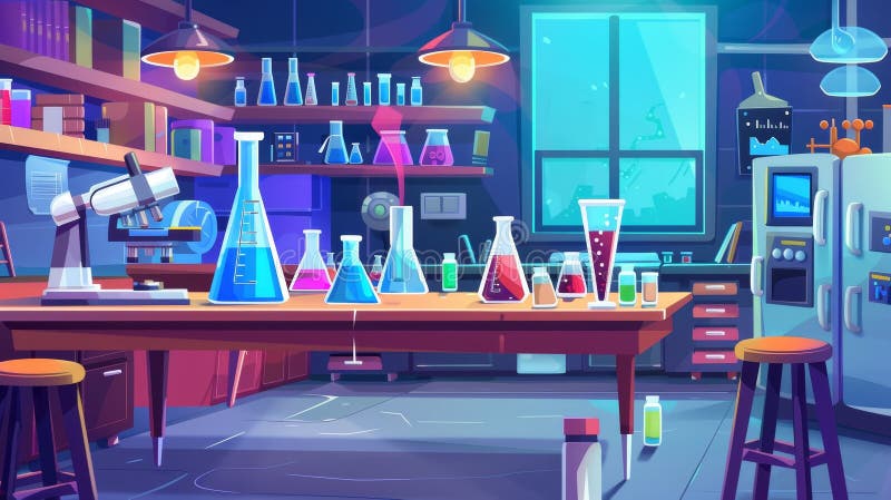 An Illustration of a Lab Room with a Microscope, Flasks, Tubes ...