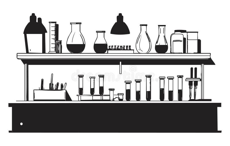Illustration of a Laboratory Bench with Various Glassware and Equipment ...