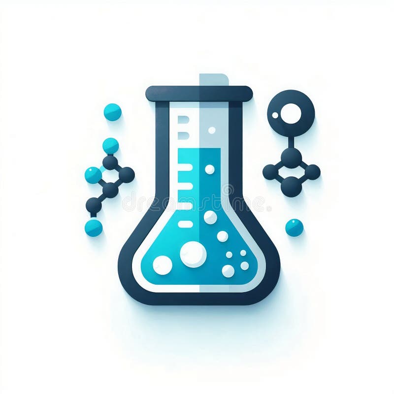 Illustration of Laboratory Flask with Blue Liquid and Molecules Stock ...