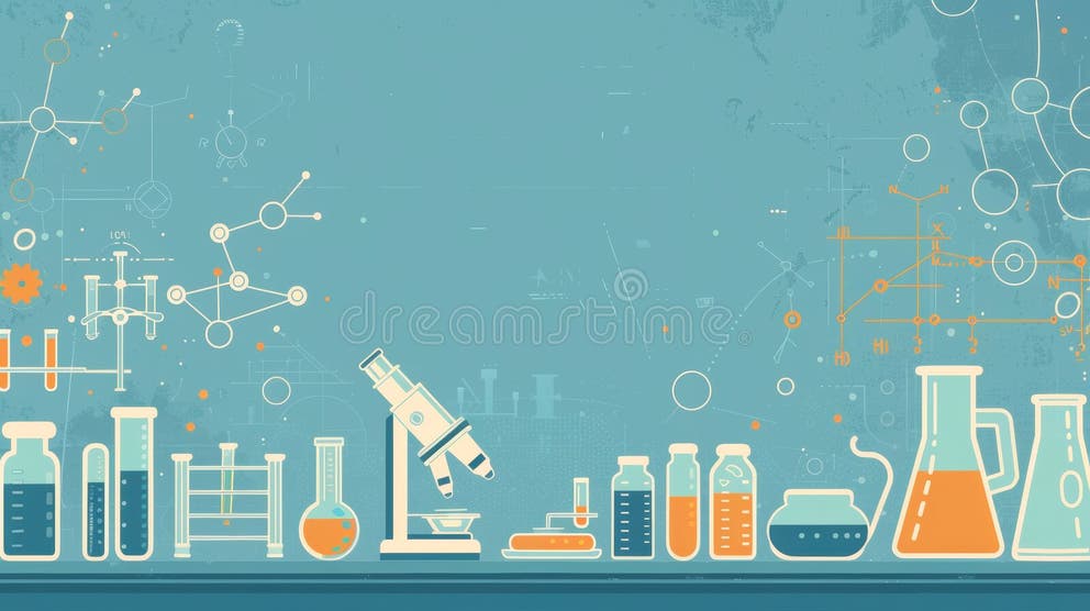 Illustration of Laboratory Glassware and Microscope on Tabletop with ...