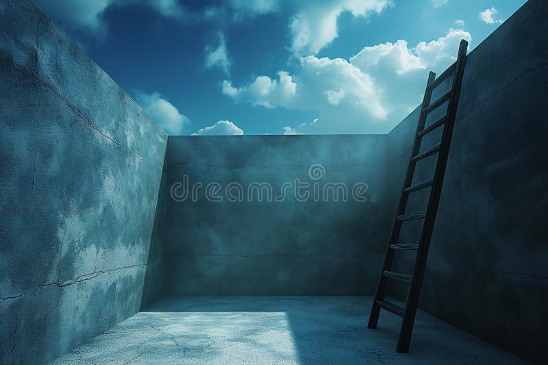 Ladder in Empty Room with Blue Sky and Clouds Stock Illustration ...