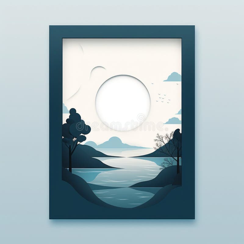An Illustration of a Lake and Trees in a Blue Frame Stock Illustration ...