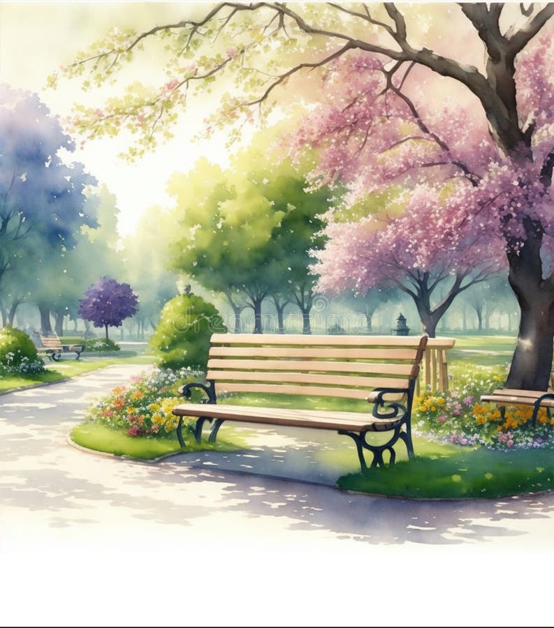 Illustration of a Landscape Bench Under a Tree in the Park Stock ...