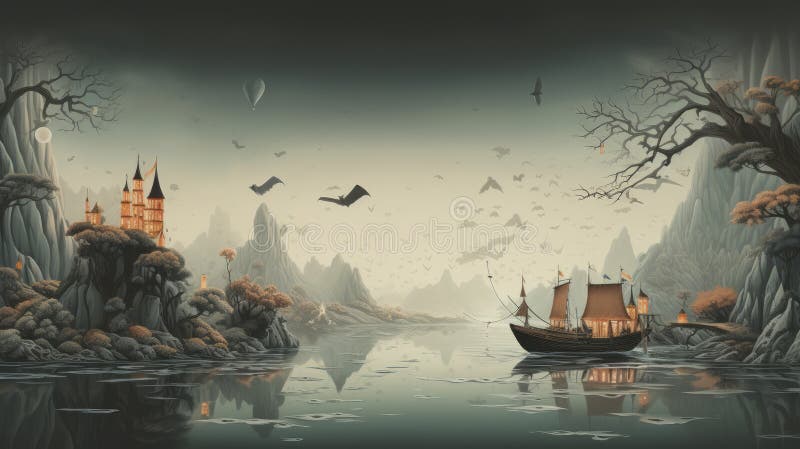 Illustration Landscape with Castle and Sailing Ship Stock Illustration ...